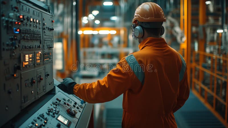Worker Overseeing Control Panel in Industrial Setting Stock ...