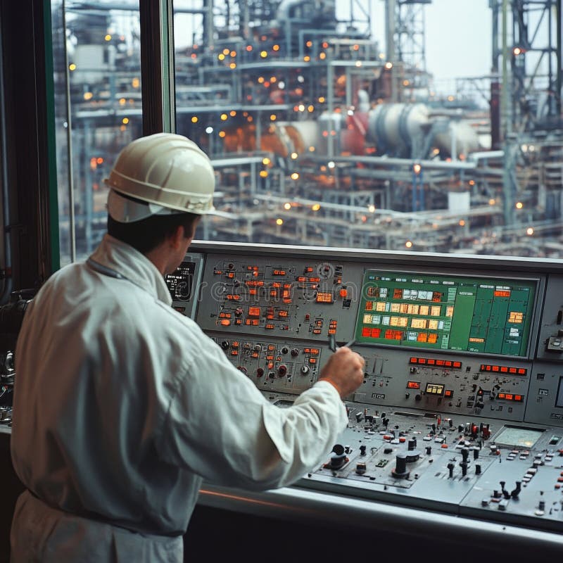 Worker Overseeing Control Panel in Industrial Setting Stock ...