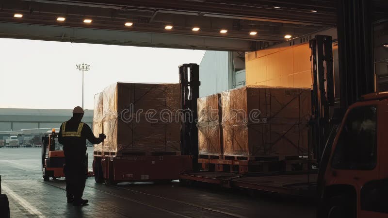 A Worker Oversees the Loading of Large Pallets Onto a Transport Vehicle ...