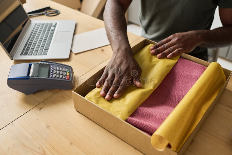 Worker Packing New Clothes in Box Stock Image - Image of shipping, desk ...