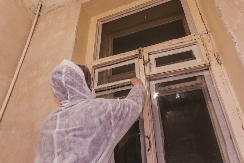 Worker Painter Prepares Window To Paint Masking Tape Stock Photo ...