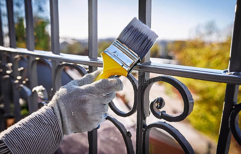 Worker Painting Metal Balcony Railing Gray in Renovation Work Stock ...