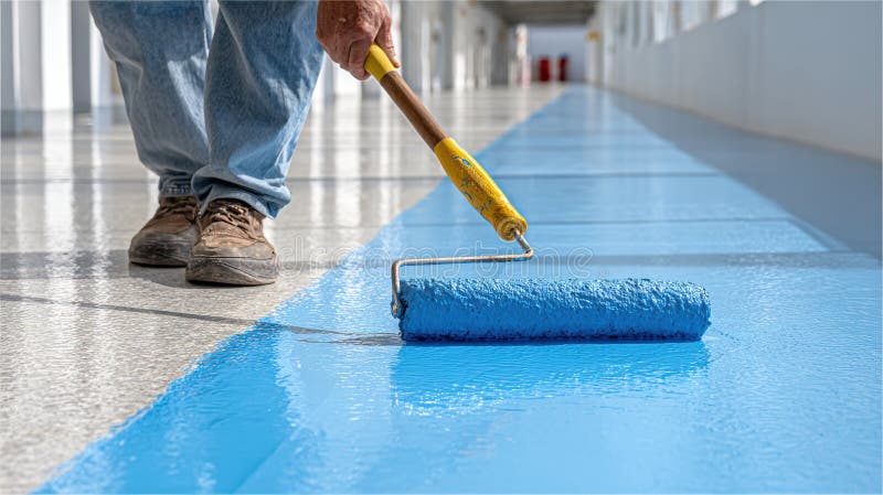 Worker Painting Floor with Blue Epoxy Coating Using Roller for Smooth ...