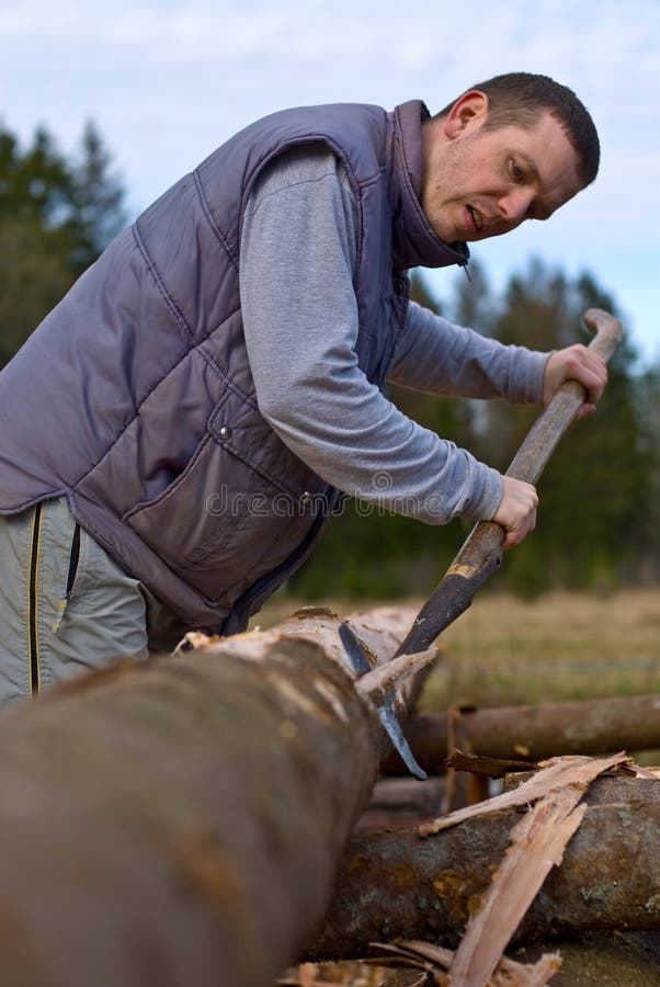 Worker Peeling Off Wooden Logs Stock Image - Image of bark, hard: 4889549