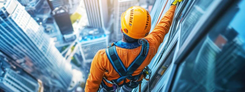 Worker Performs Maintenance on a Skyscraper while Suspended High Above ...