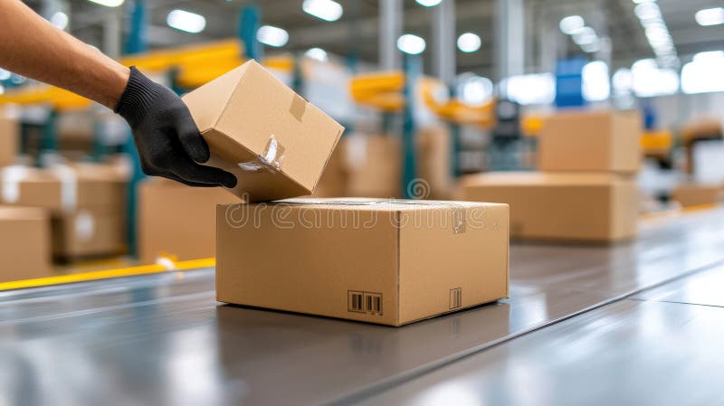 Warehouse Worker Placing a Box on a Conveyor Belt Stock Illustration ...