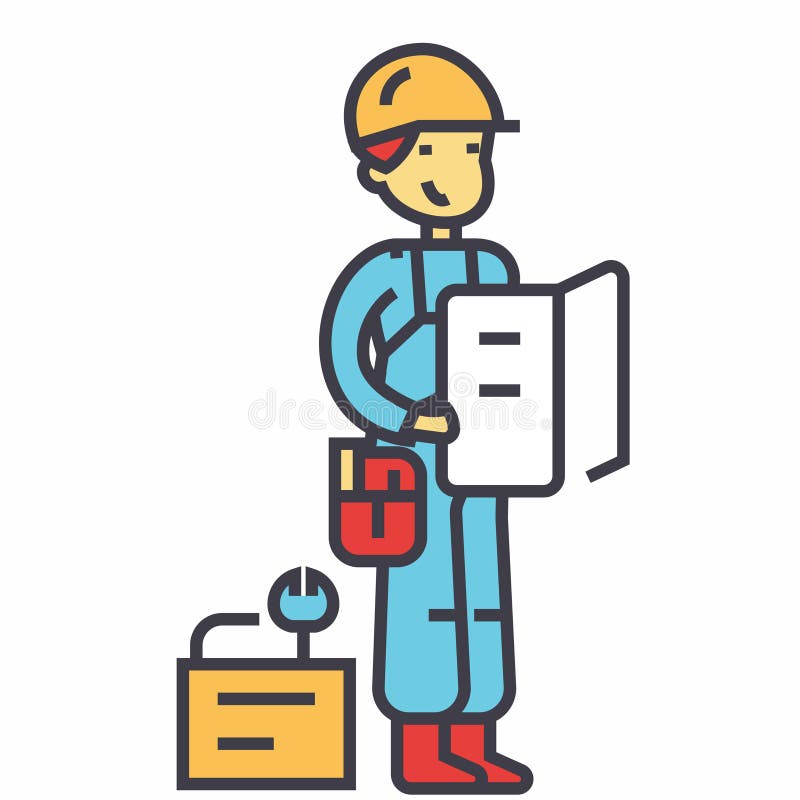 Worker with Plan and Tools Line Icon Concept. Worker with Plan and ...