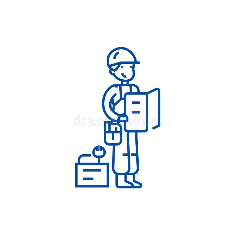 Worker with Plan and Tools Line Icon Concept. Worker with Plan and ...
