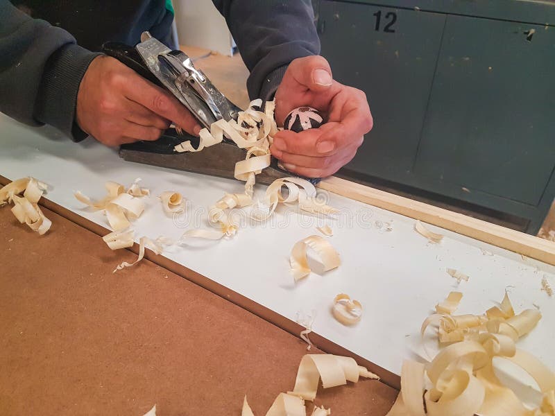 Worker Planing Wood Frame Traditionally Close Up Stock Image - Image of ...