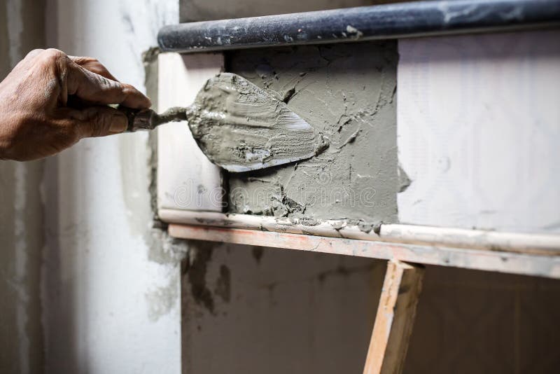 Worker is Plastering Cement on the Wall. Stock Image - Image of hand ...