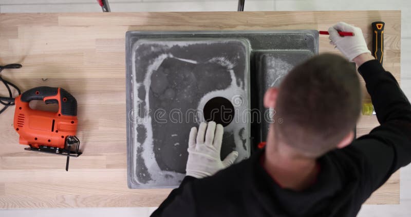 Worker Plumber in Process of Measuring Dimensions of Cutout Area Stock ...