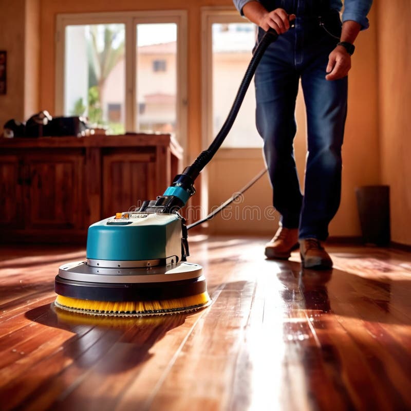 Worker Polishing Floor with Polishing Machine, Maintenance Janitorial ...