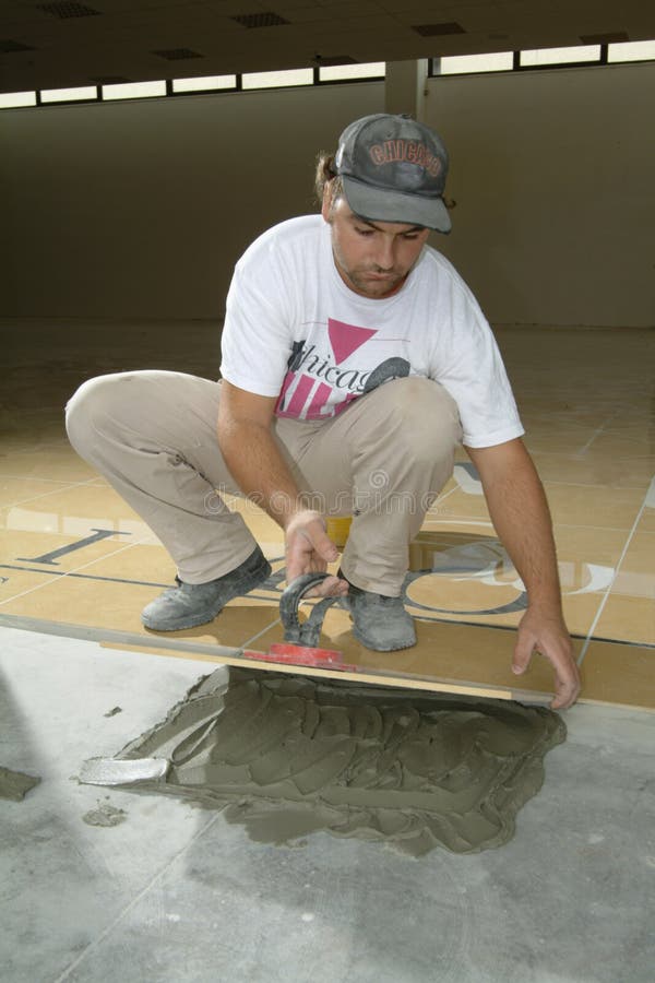 Worker DIY Tile Adhesive Trowel Wooden Floor Stock Image - Image of ...