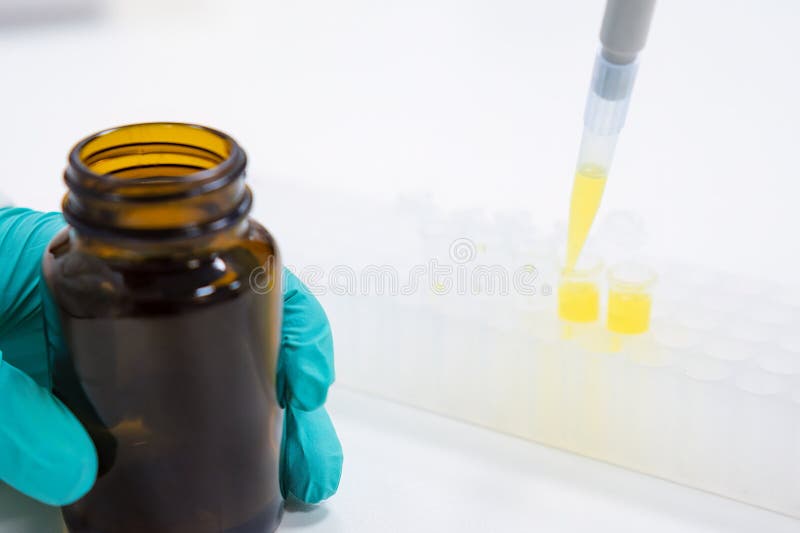Worker Pours Liquid Sample into Tubes with Pipette Dispenser Stock ...