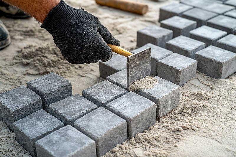 Worker Laying Paving Stones on Sand with a Hammer Tool Stock Image ...