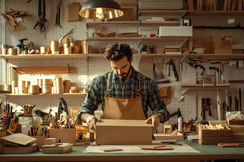 Worker Prepares Cardboard Box in Well Organized Workshop Filled with ...