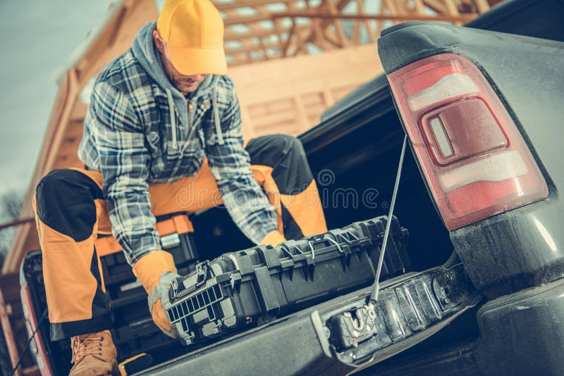Worker Preparing His Tools on the Pickup Cargo Section Stock Photo ...
