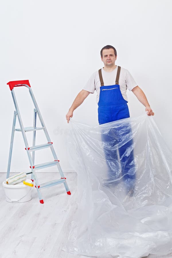Worker Preparing the Room To Repaint Stock Photo - Image of ladder ...