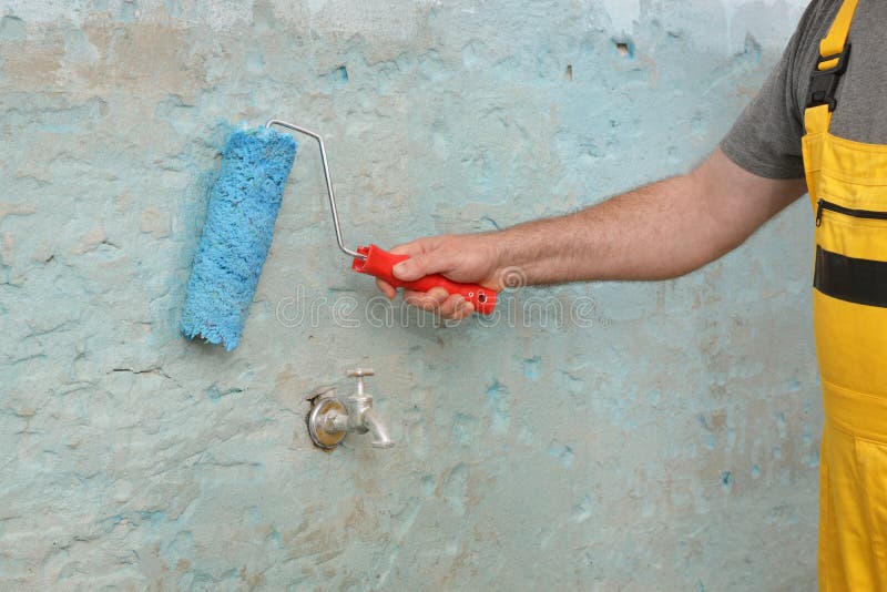 Worker Preparing Wall for Tile Gluing Stock Image - Image of adhesive ...