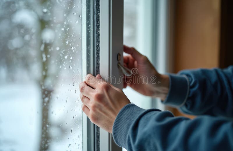 Worker Presses Sealing into Window Frame Gap for Draft Prevention. Home ...