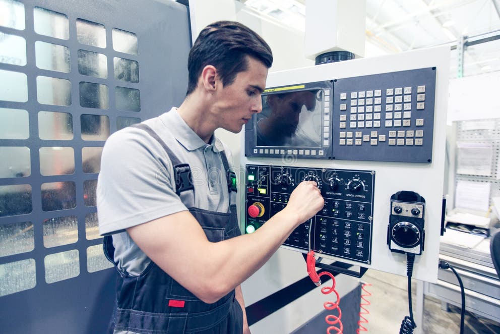 Worker Pressing Buttons on CNC Machine Stock Image - Image of laborer ...