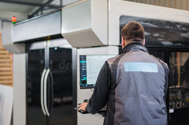 Worker Printmaker Technician Works on Large Modern 3d Printer Machine ...