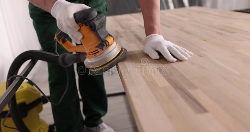 Worker Processes Table Wooden Surface with Grinding Machine Stock Video ...