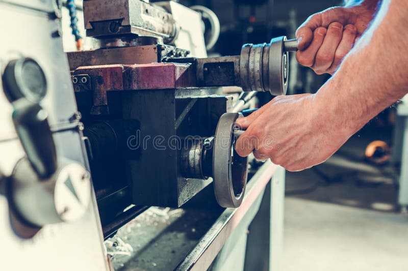 Worker Processing Metal Piece Using Lathe Machine Close Up Stock Image ...
