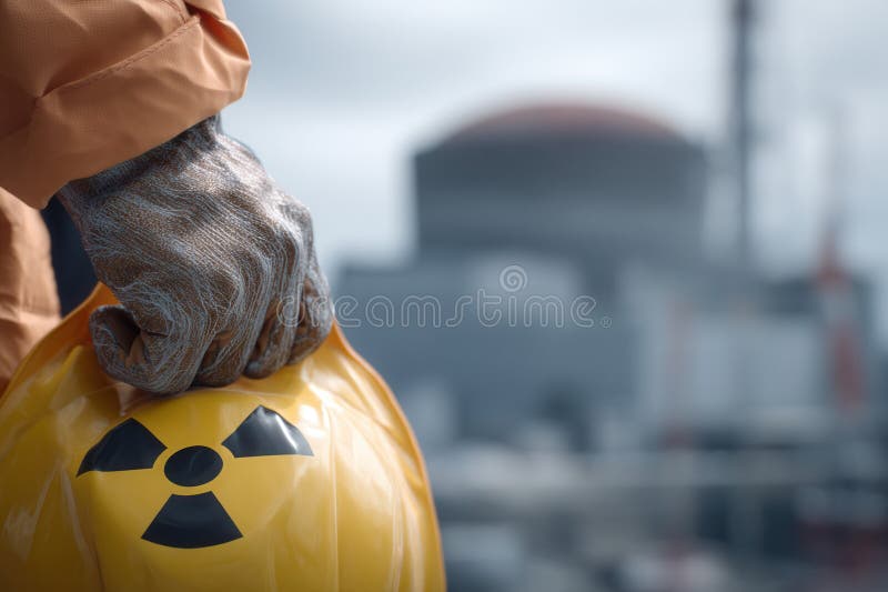 A Worker in Protective Gear Holds a Radioactive Helmet at a Nuclear ...