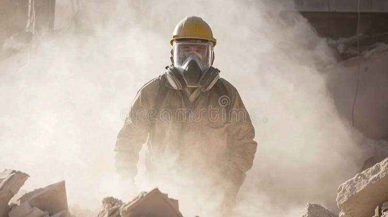 Worker in Protective Gear Navigating Debris during Construction at a ...