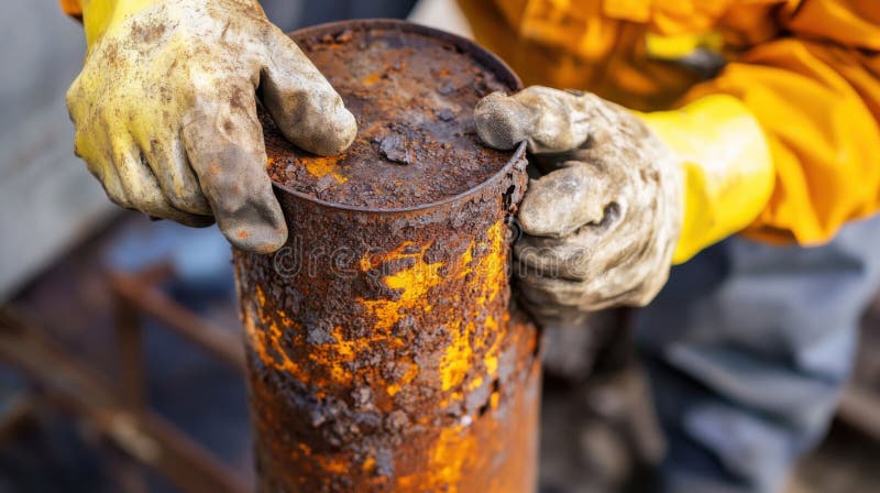 Worker Handling a Rusty Metal Pipe in an Industrial Setting during the ...