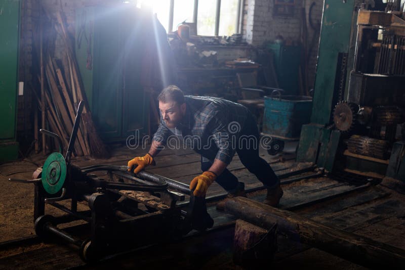 Worker in Protective Gloves Pushing Machine Stock Image - Image of male ...