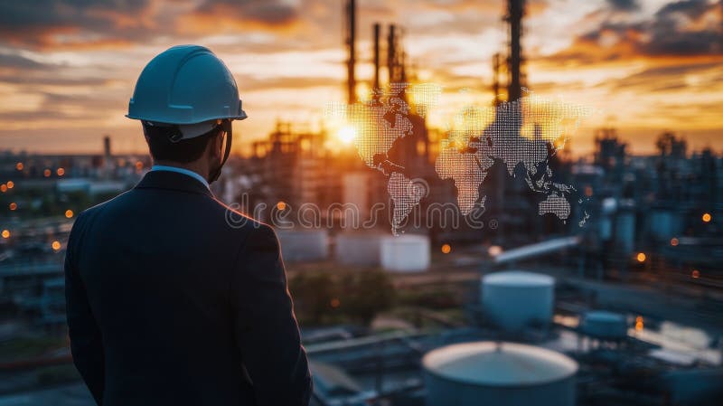 A Worker in Protective Headgear Faces a World Map Featuring Highlighted ...