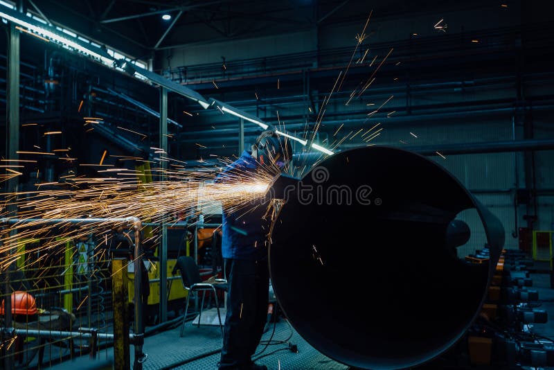 Worker in Protective Mask Welding Pipe in Factory Stock Image - Image ...
