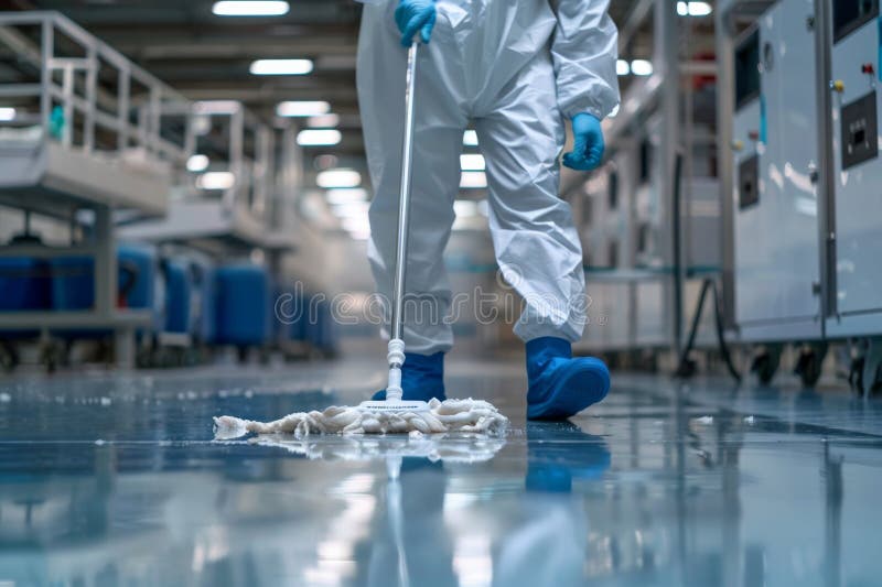 Worker in Protective Suit Cleaning Industrial Floor with Mop ...
