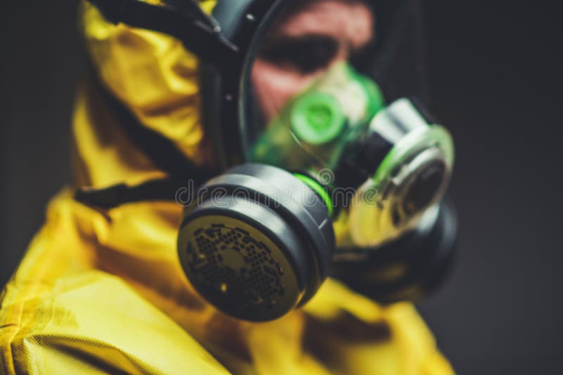Worker in Protective Suit with Gas Mask during Safety Drill in ...
