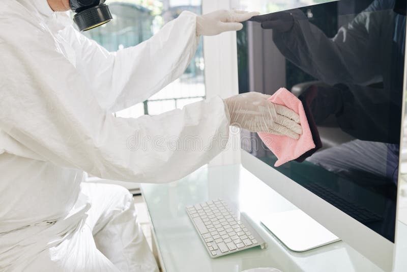 Worker Wiping Computer Screen Stock Image - Image of coronavirus ...