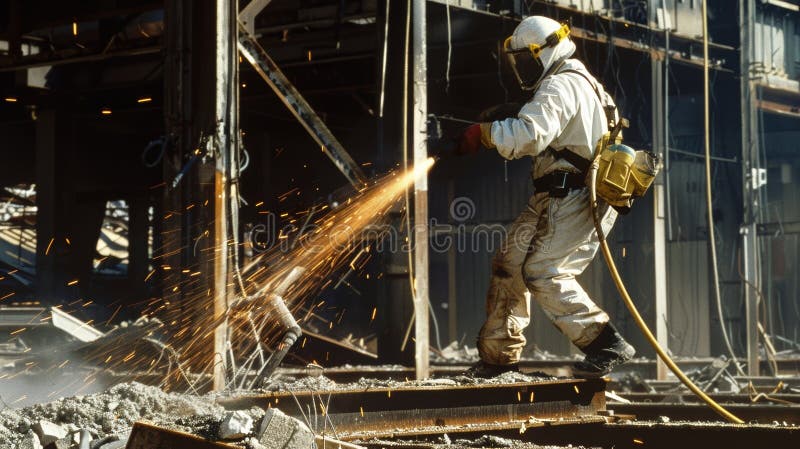 A Worker in a Protective Suit Using a Ting Torch To Slice through Metal ...