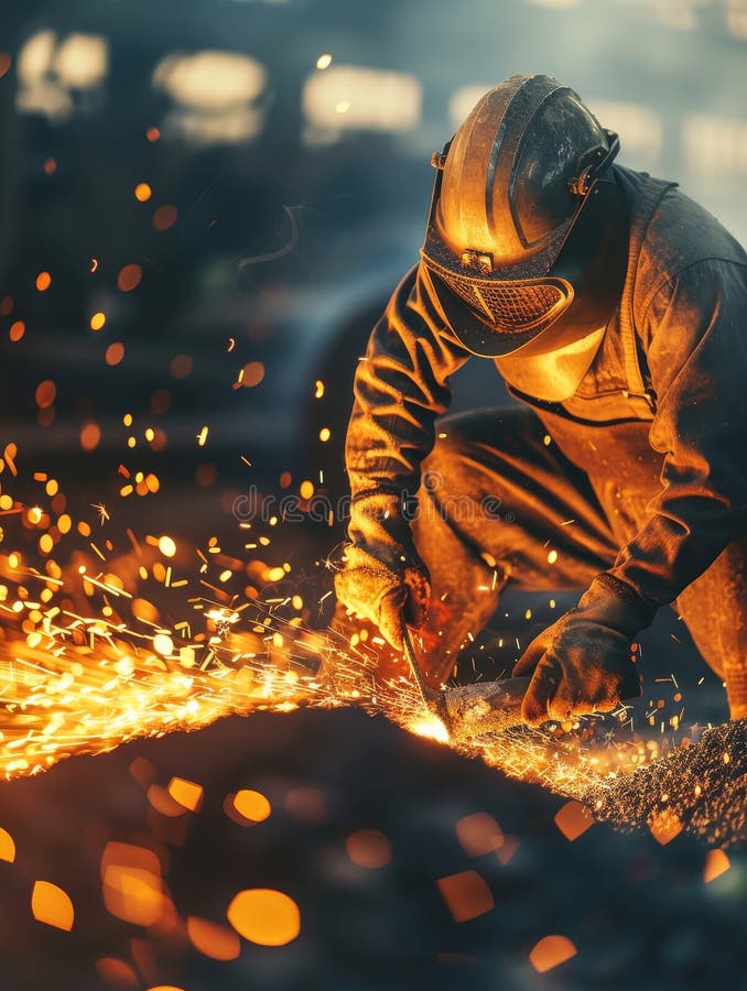 Worker in Protective Welding Mask and Gloves Grinds Metal, Sparks ...