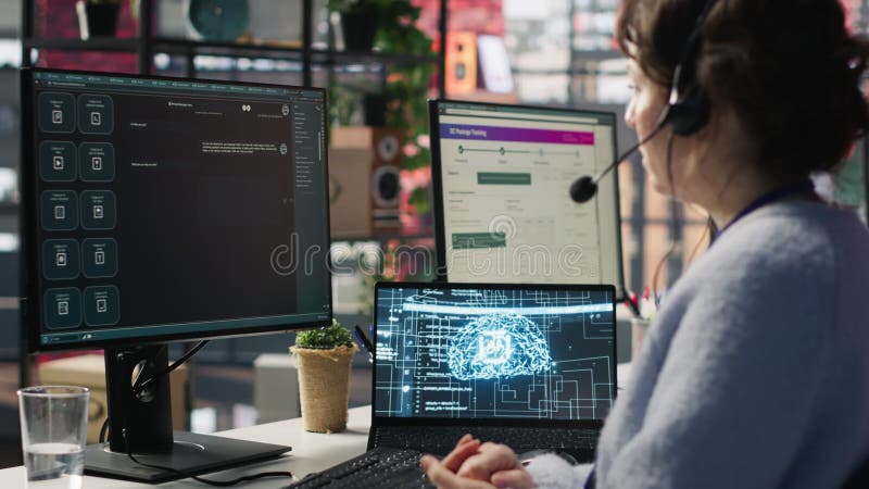Worker Providing Live Chat Support, Typing on Keyboard, Using AI ...