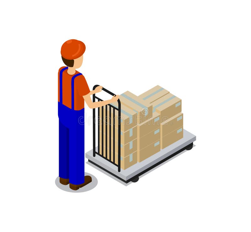 Worker Pulling Cart with Boxes Vector Illustration Stock Vector ...