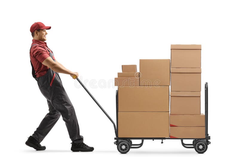 Worker Pulling Trolley with Boxes Stock Photo - Image of mature, female ...