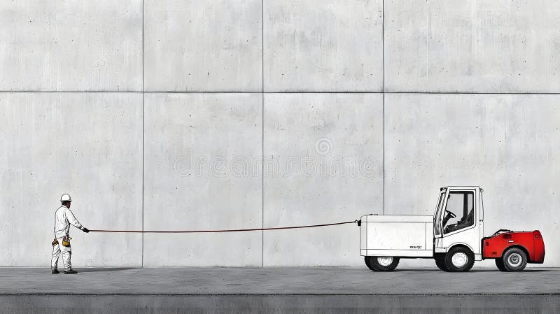 Worker Pulling a Small Vehicle Against a Concrete Wall Stock Photo ...