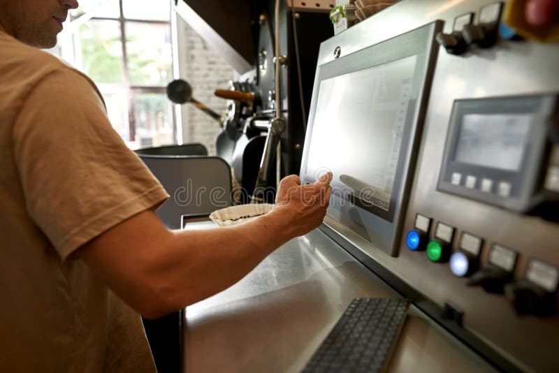 Worker Push on Screen of Coffee Roasting Machine Stock Image - Image of ...