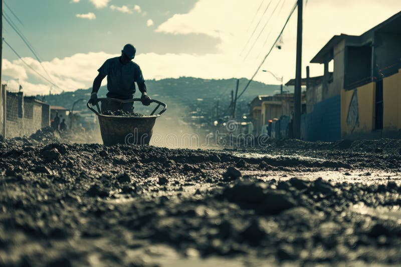 A Worker Pushes a Wheelbarrow through a Muddy Field Stock Photo - Image ...