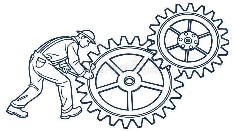 Worker Pushing Large Gears Symbolizing Industry and Teamwork, Vector ...