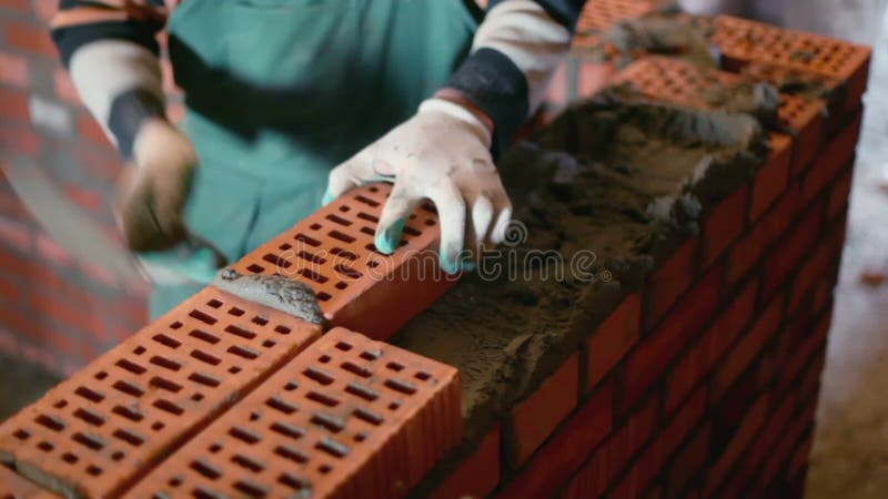 Worker Puts Bricks during Brickwork with Trowel, Stock Footage - Video ...