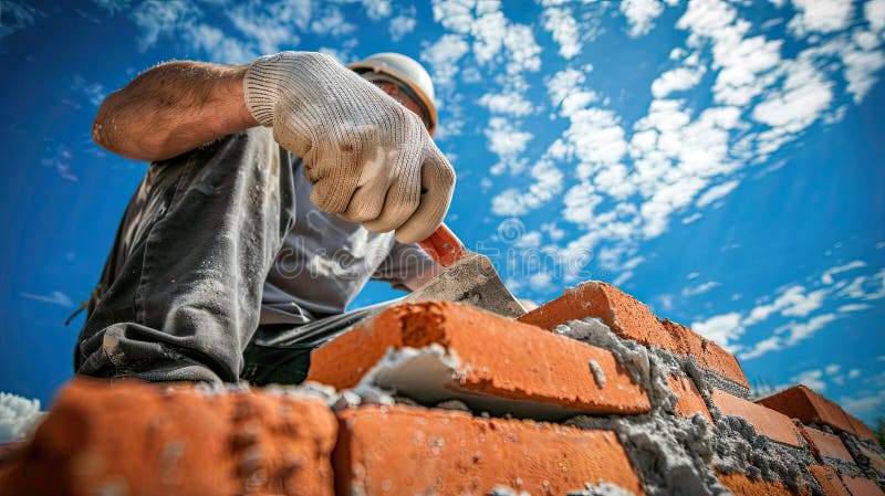 A Worker Puts Bricks in the Masonry. the Work of a Bricklayer Stock ...