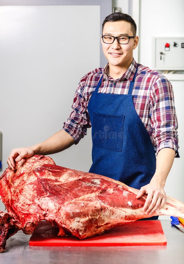 Worker with raw meat stock photo. Image of meat, adult - 84892704