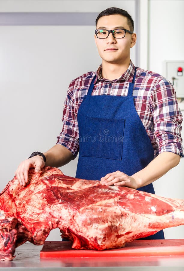 Worker with raw meat stock photo. Image of factory, market - 85059650